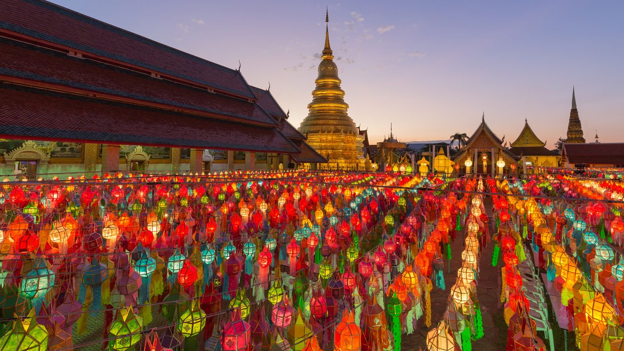 Colourful lanterns at the temple of Wat Phra That Hariphunchai, Lamphun ...
