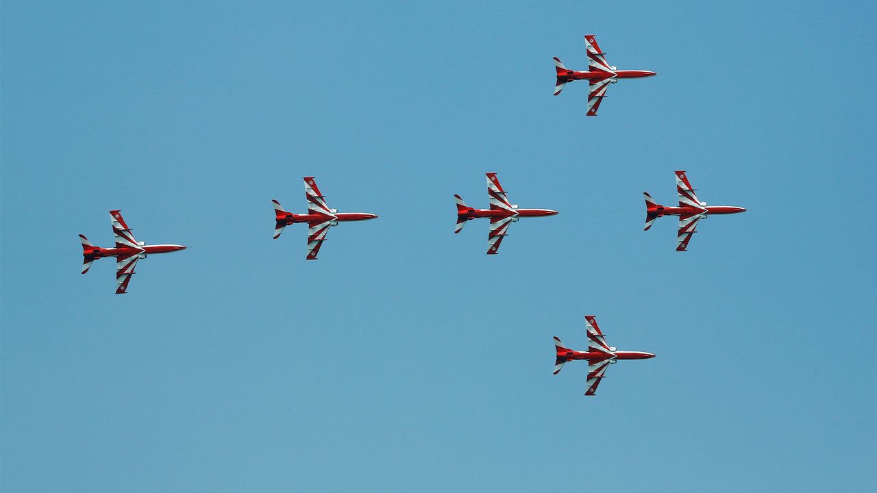 Suryakiran jet trainers in formation flight on Air Force Day. - Bing ...