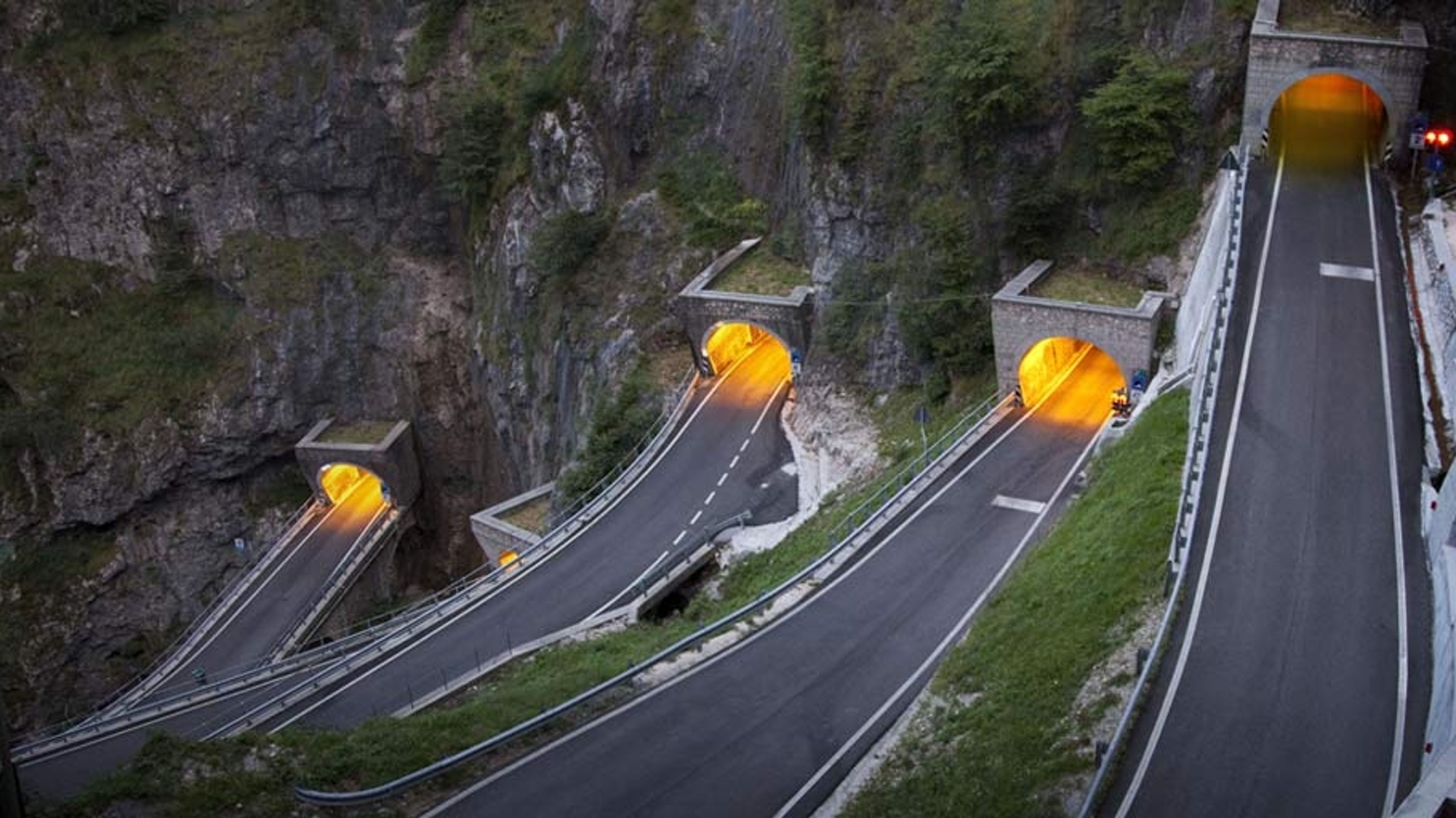 Hairpin bends in the tunnels climbing toward San Boldo pass, Treviso ...