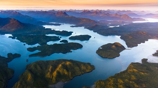 Aerial view of Clayoquot Sound and the Pacific Rim National Park ...