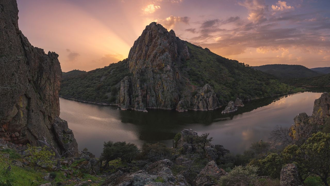 Peña Falcon rock on the Tagus river, Monfragüe National Park, Spain ...