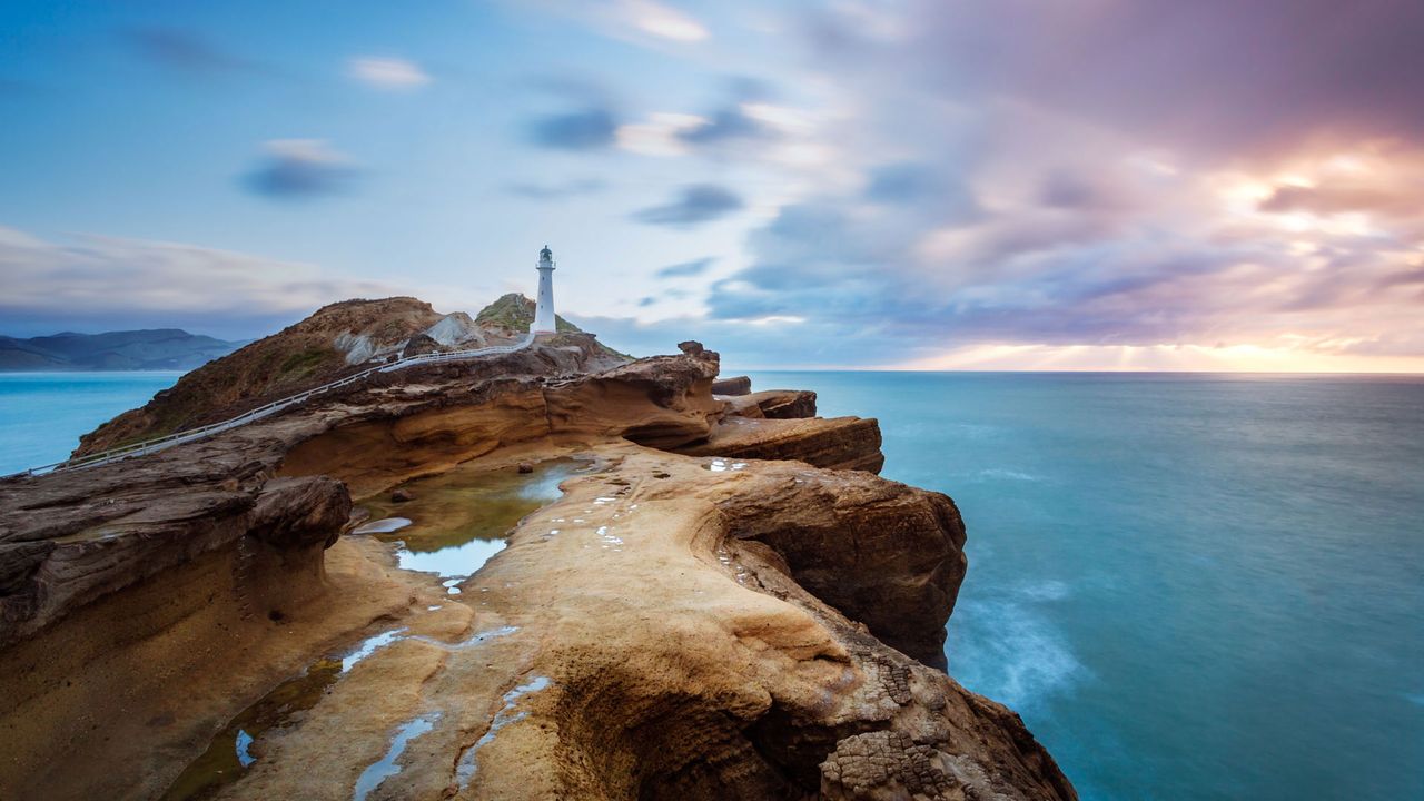 Castle Point Lighthouse near the village of Castlepoint, North Island ...